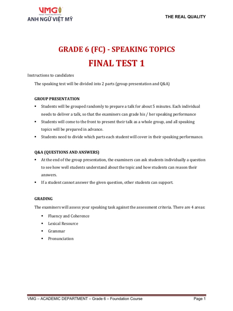 Grade 6 Speaking Test Topics | PDF | Test (Assessment) | Classroom