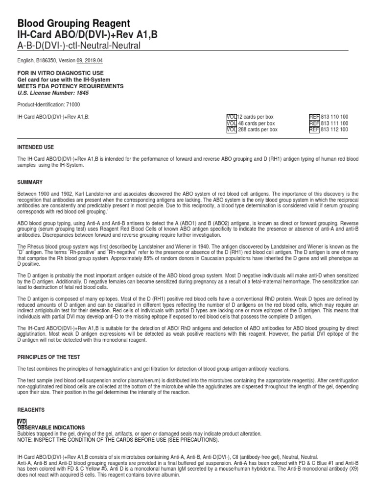 Package Insert - IH-Card ABO-D (DVI-) +rev A1, B PDF | PDF | Blood Type | Clinical Pathology