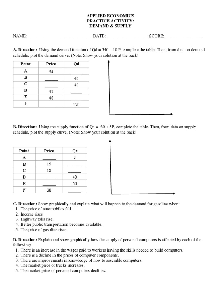 Activity Sheets Economics | PDF | Demand | Supply (Economics)