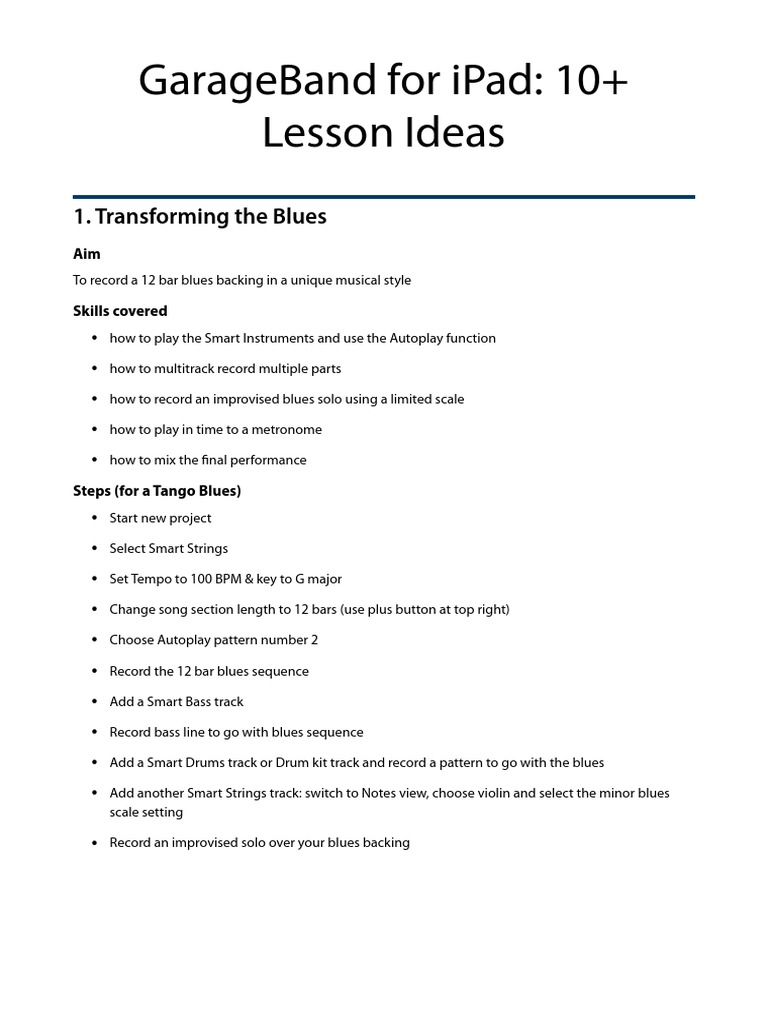 GarageBand iPad: 10 Creative Lesson Ideas | PDF | Garage Band ...