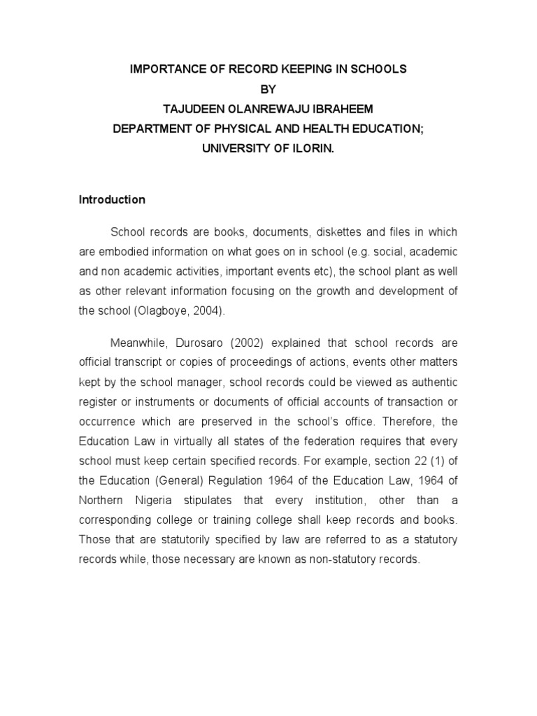 Importance of Record Keeping in Schools | PDF | Head Teacher | Teachers