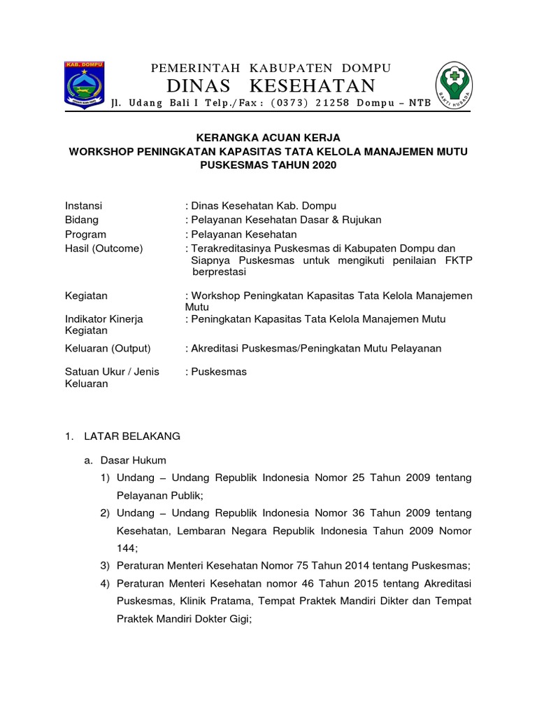 TOR WORKSHOP Peningkatan Kapasitas Penanggung Jawab Mutu | PDF