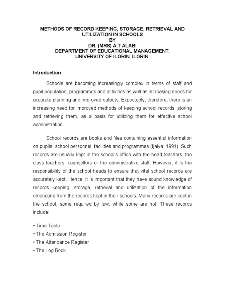 Methods of Record Keeping Storage Retrieval and Utilization in Schools ...