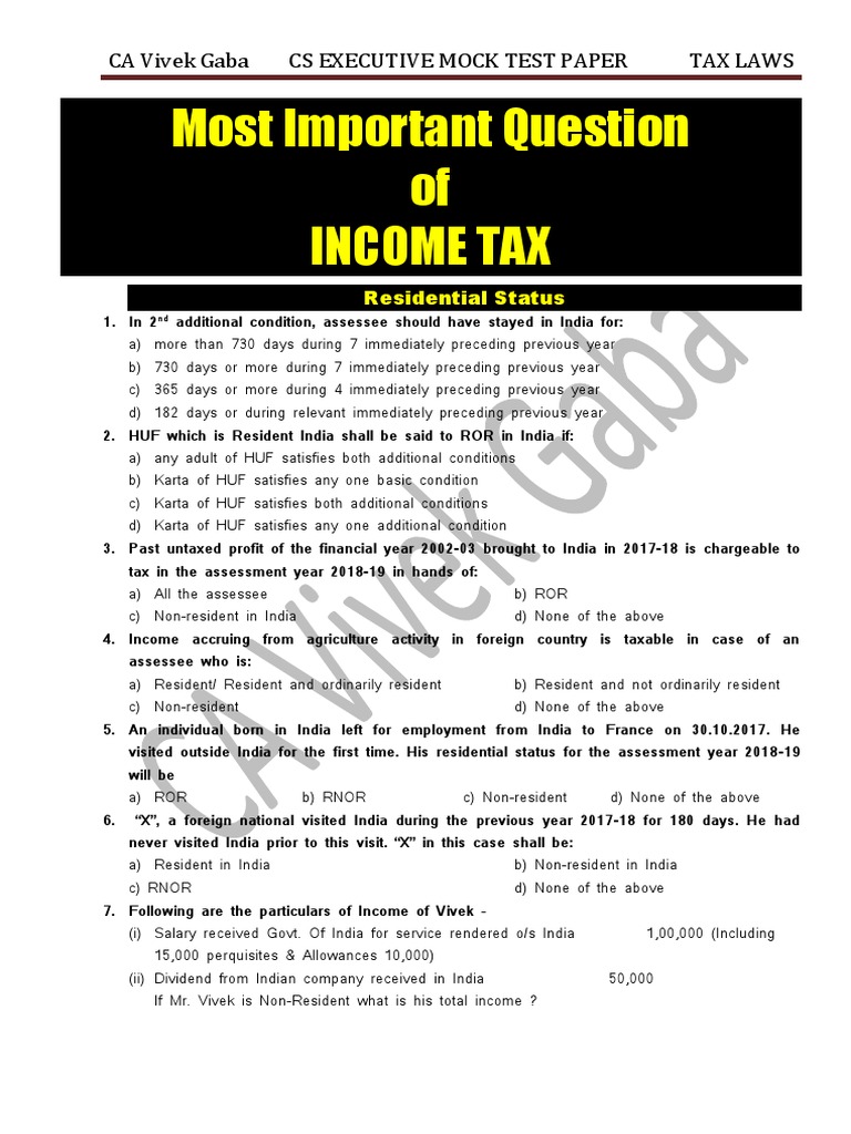 MOCK TEST of INCOME TAX WITHOUT SOLUTION | PDF | Capital Gains Tax ...