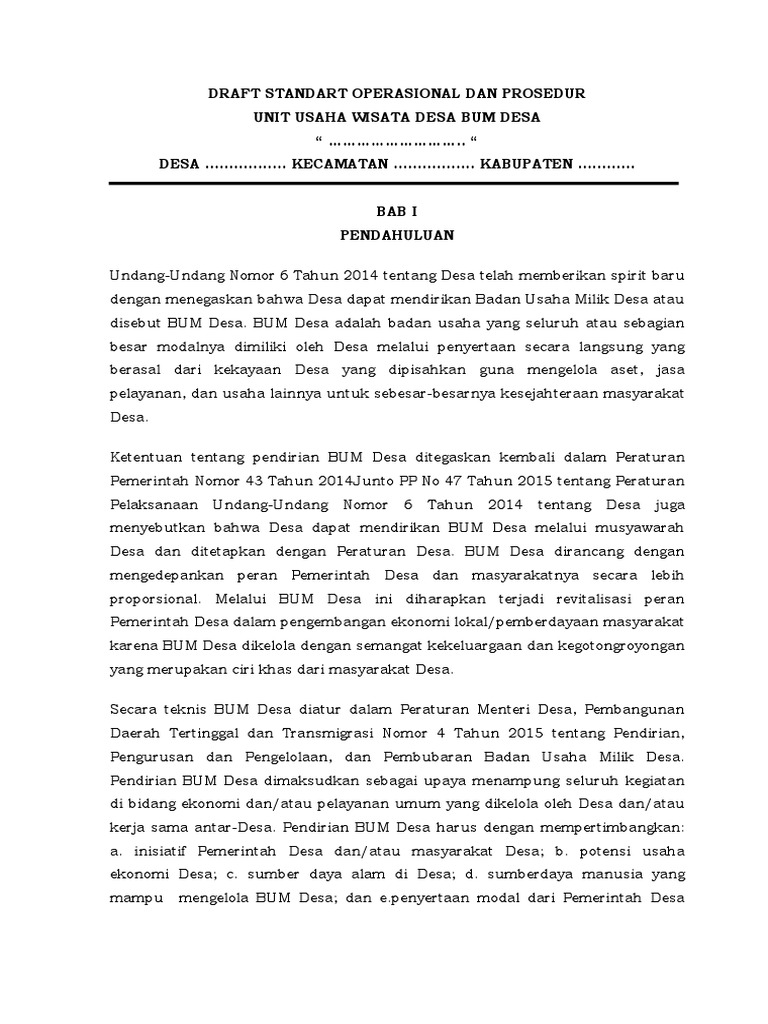 Draft SOP Unit Usaha Wisata Desa BUMDes Ok | PDF