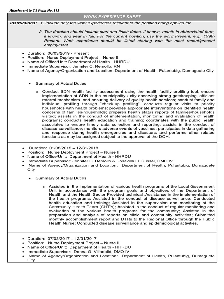 Work Experience Sheet | PDF | Public Health | Nursing