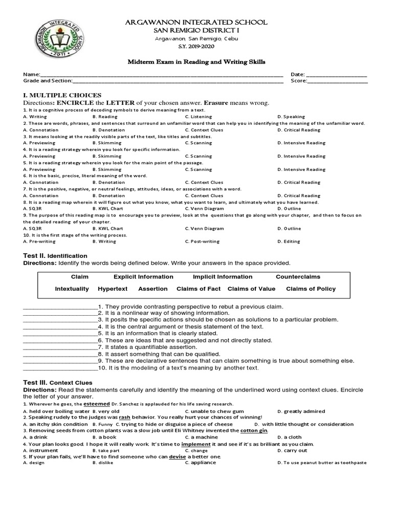 Grade 11 Reading and Writing Midterm Exam | PDF | Speed Reading