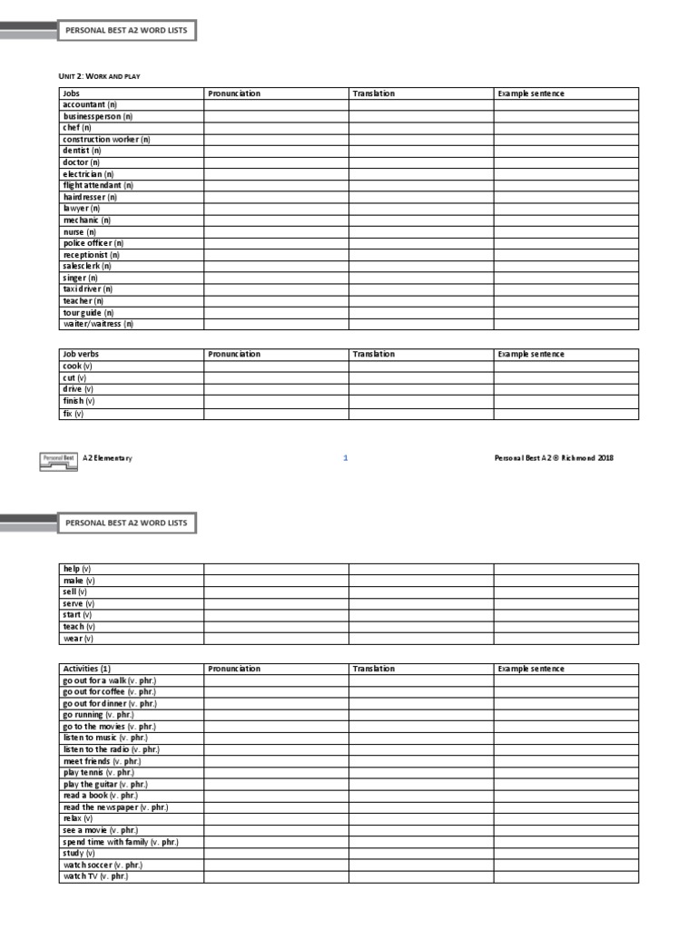 PB AmE A2 Word List U2 | PDF | Teaching Methods & Materials