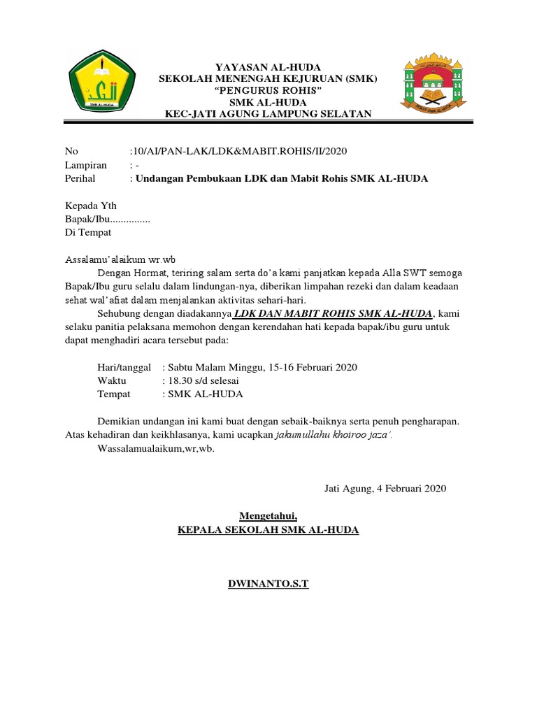 Undangan LDK dan Mabit Rohis SMK Al-Huda | PDF