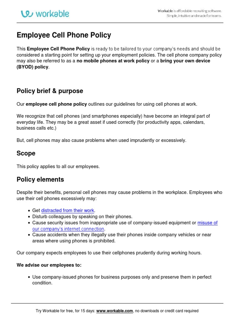 Cell Phone Policy | PDF | Mobile Phones | Employment
