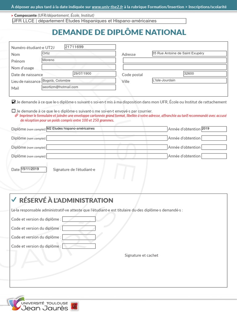 Formulaire Remplissable - Demande de Diplome National | PDF