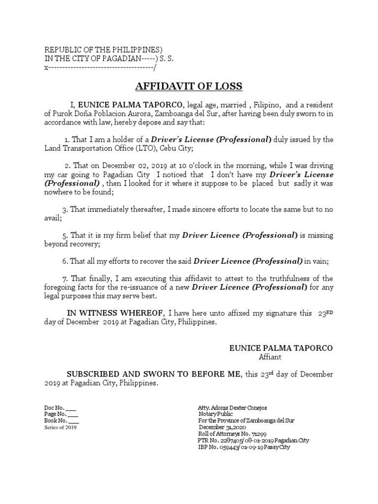 Affidavit of Loss (Driver's License) Dra. Nice | PDF | Finance & Money ...