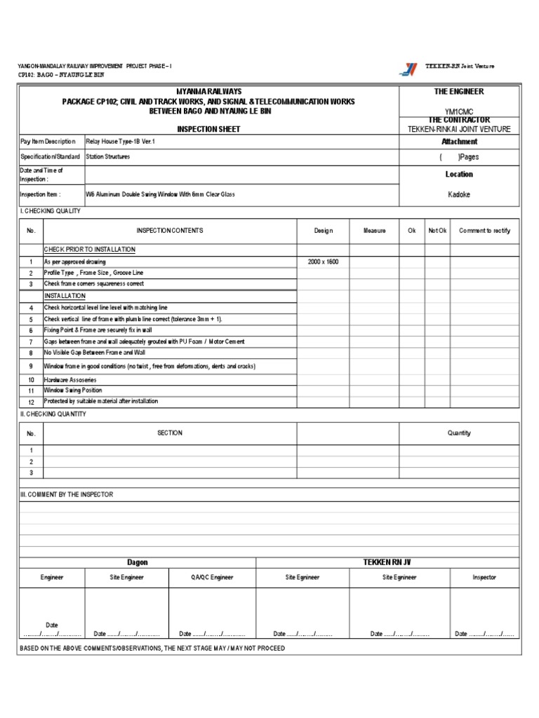 Inspection Window Checklist | PDF | Economic Sectors | Building Engineering