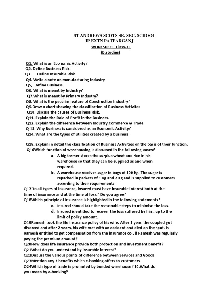 Business Studies Worksheet | PDF | Business Ethics | Insurance