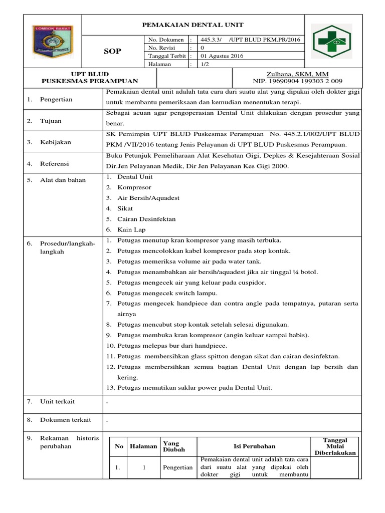 Sop Pemakaian Dental Unit | PDF