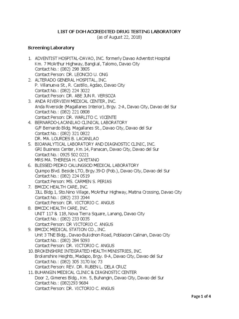 List of Doh Accredited Drug Testing Laboratory | PDF | Primary Care ...