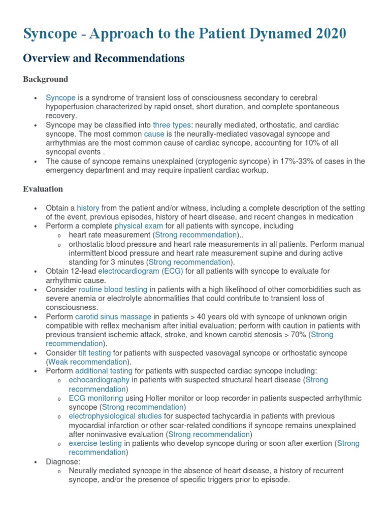 Syncope - Approach To The Patient Dynamed 2020 PDF | PDF | Heart ...