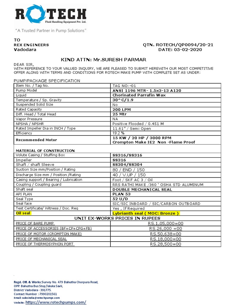 Wax Pump Quote | PDF | Pump | Chemical Engineering