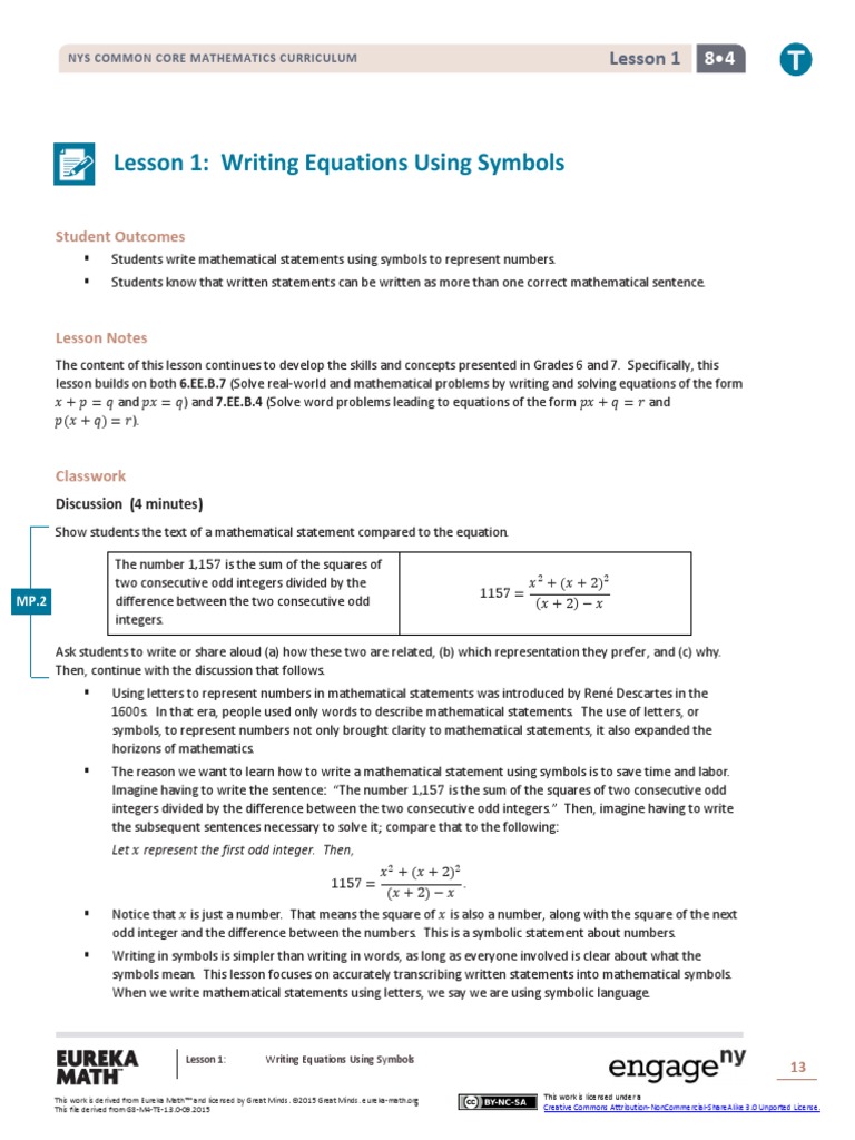 Math g8 m4 Topic A Lesson 1 Teacher | PDF | Numbers | Equations