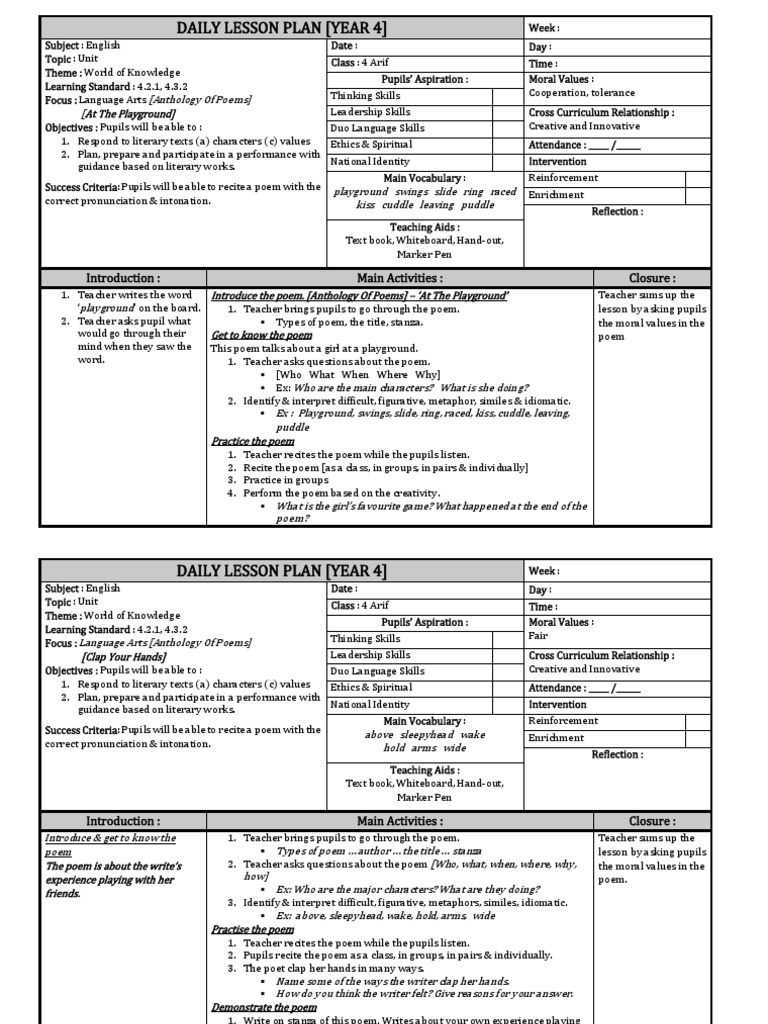 Anthology of Poem (Year 4) | PDF | Poetry | Lesson Plan