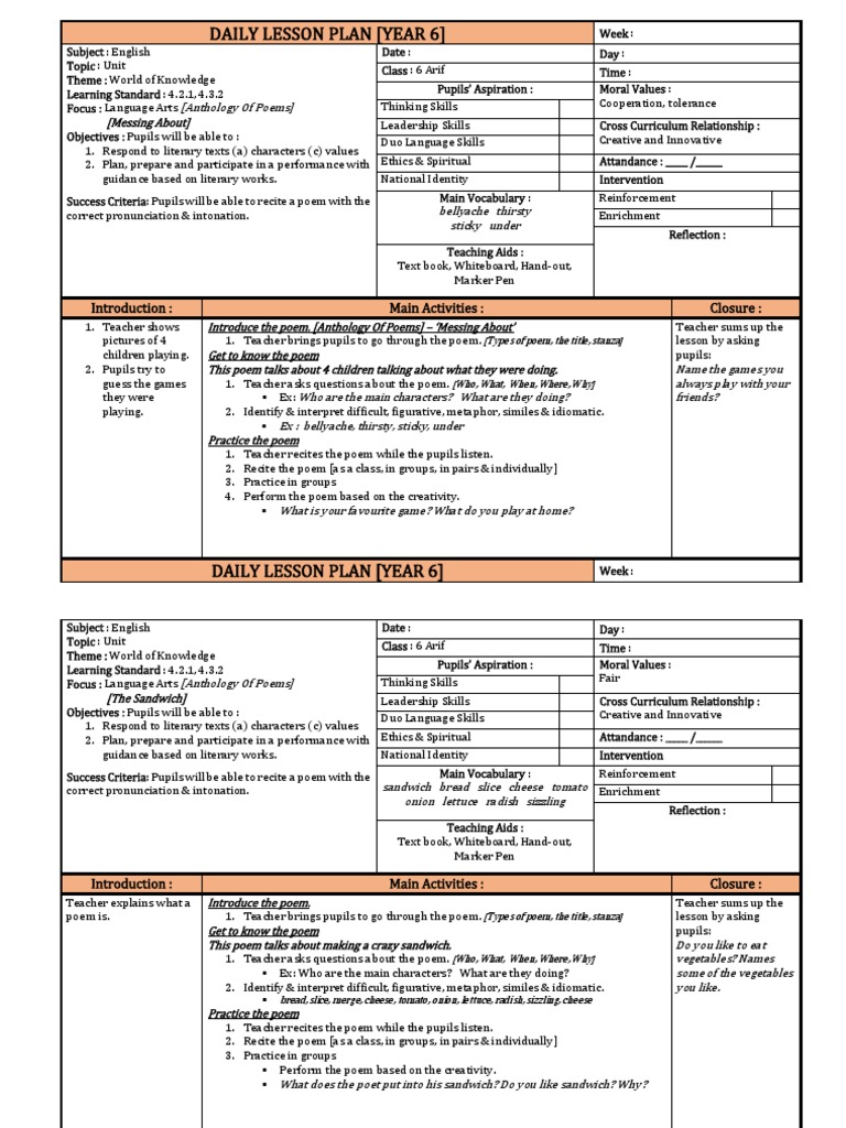 Anthology of Poem (Year 6) | PDF | Poetry | Lesson Plan