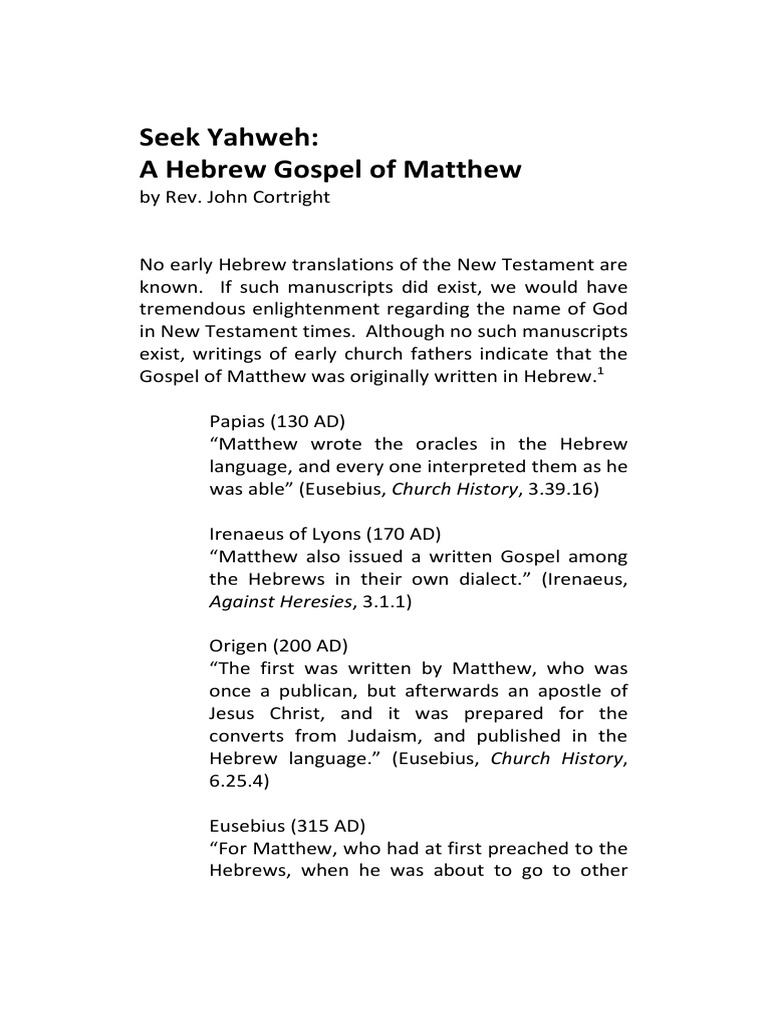 A Hebrew Gospel of Matthew by Rev John Cortright Issue 109 | PDF ...