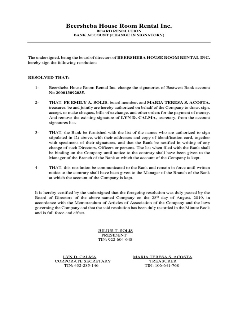 BOARD RESOLUTION - Change of Signatories | PDF | Board Of Directors | Banks