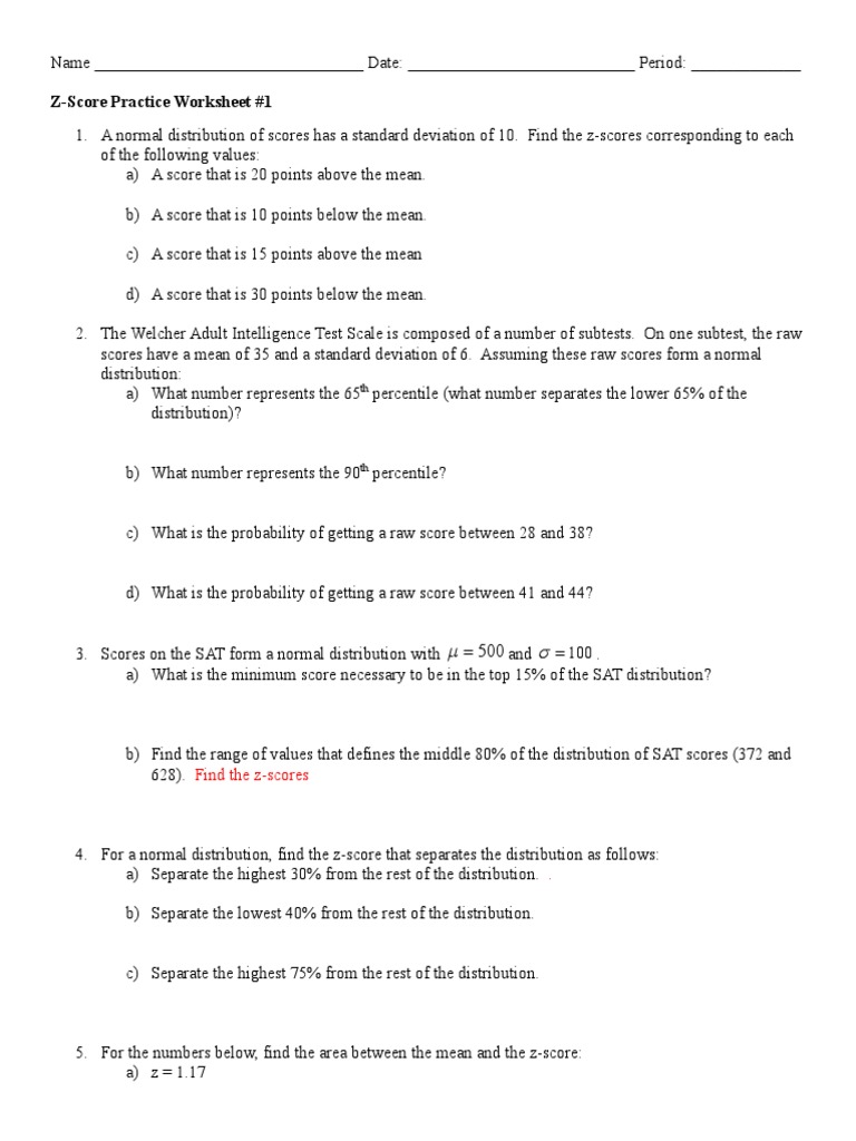 Z-Score Practice Worksheet with Solutions | PDF | Standard Score ...