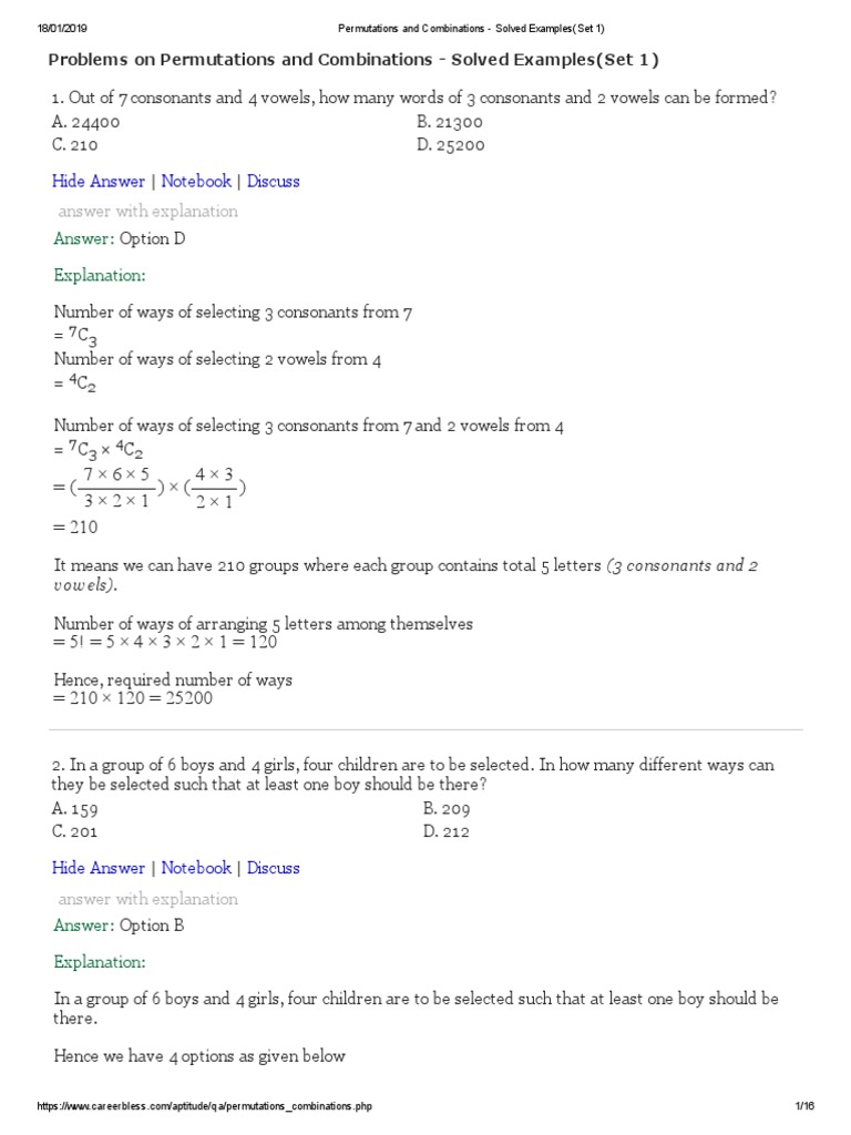 Permutations and Combinations - Solved Examples (Set 1) | PDF | Consonant | Permutation