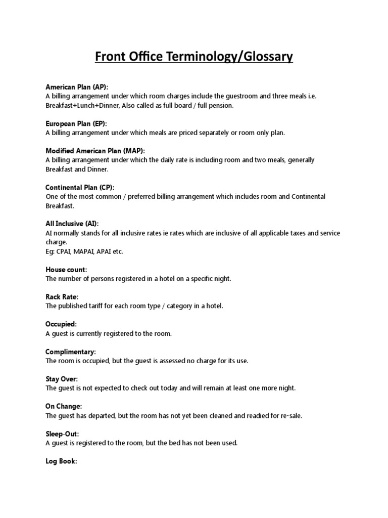 Front Office Terminology | PDF | Point Of Sale | Travel Agency