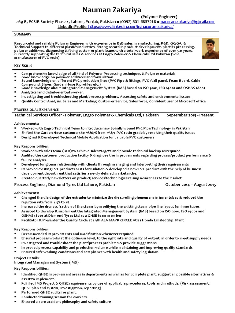 Polymer Engineer Resume - Nauman Zakariya | PDF | Polyvinyl Chloride ...