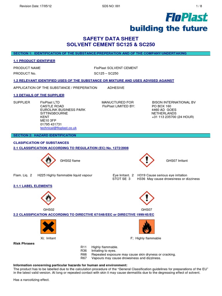 Material Safety Data Sheet - Solvent Cement SC125 and SC250 | PDF | Dangerous Goods | Firefighting