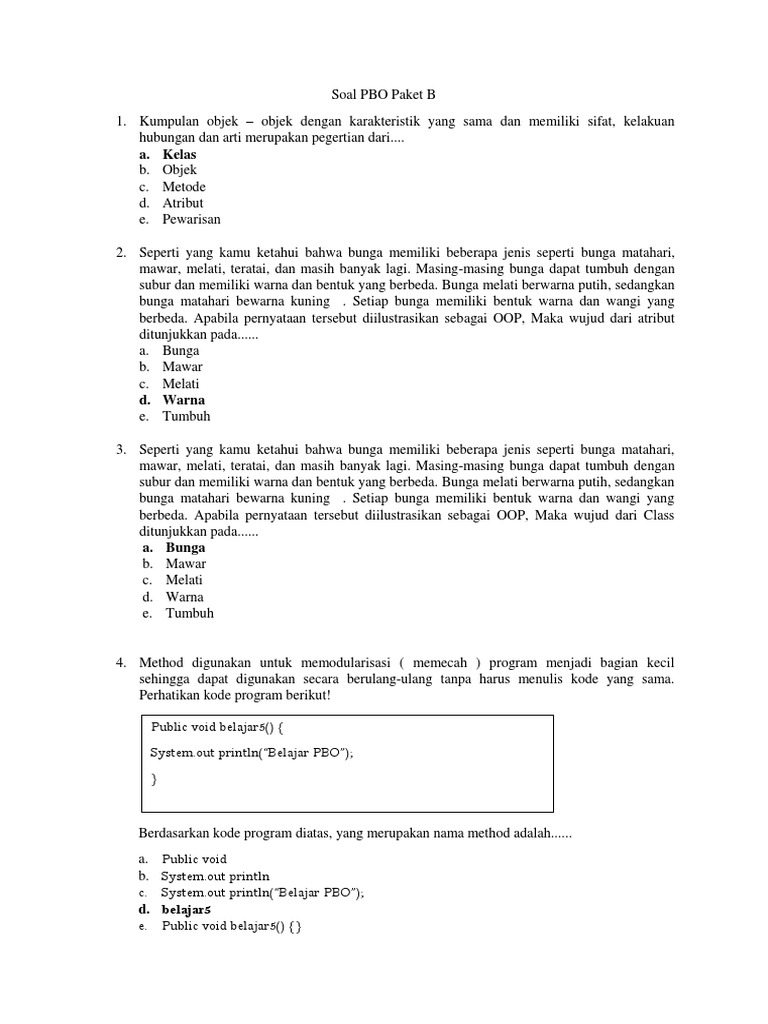 Soal PBO Paket B: Konsep OOP dan Java | PDF