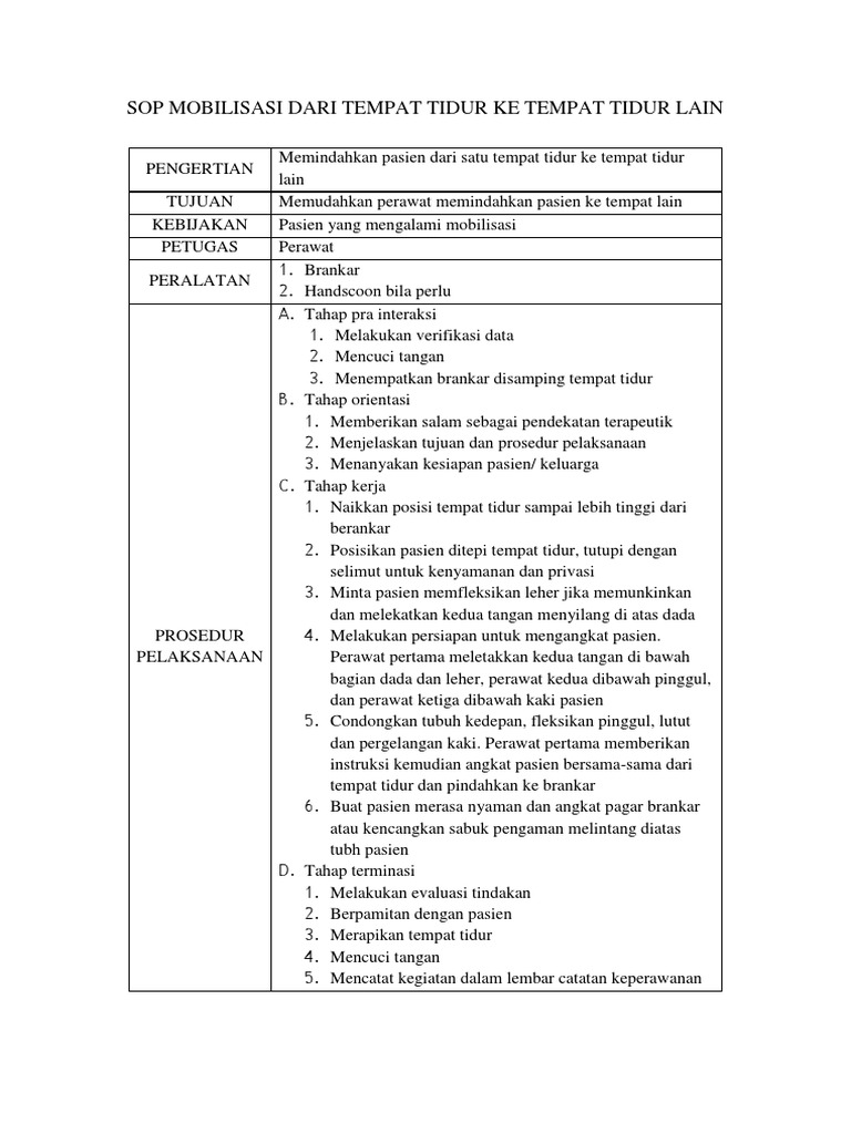 SOP Mobilisasi Pasien dari Tempat Tidur | PDF