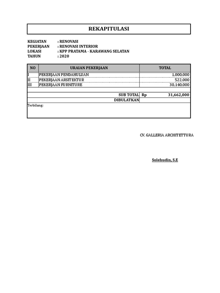 RAB Meja Resepsionis | PDF