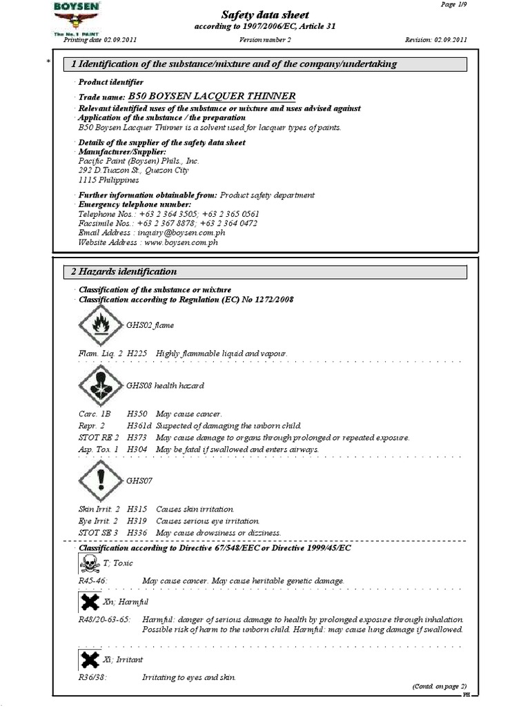 B50 Boysen Lacquer Thinner PDF | PDF | Dangerous Goods | Toxicity