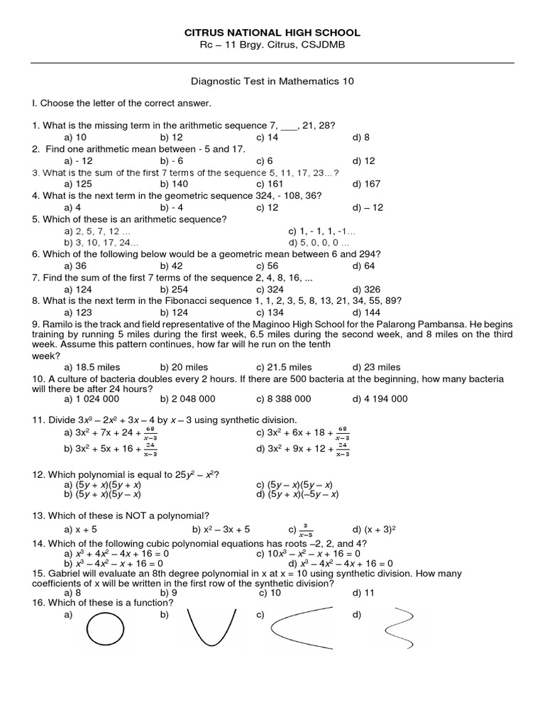 Mathematics 10 Diagnostic Test Questions | PDF | Percentile | Equations