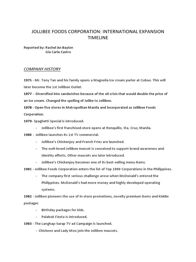 Jollibee Foods Corporation Timeline | PDF | Food Industry | Companies
