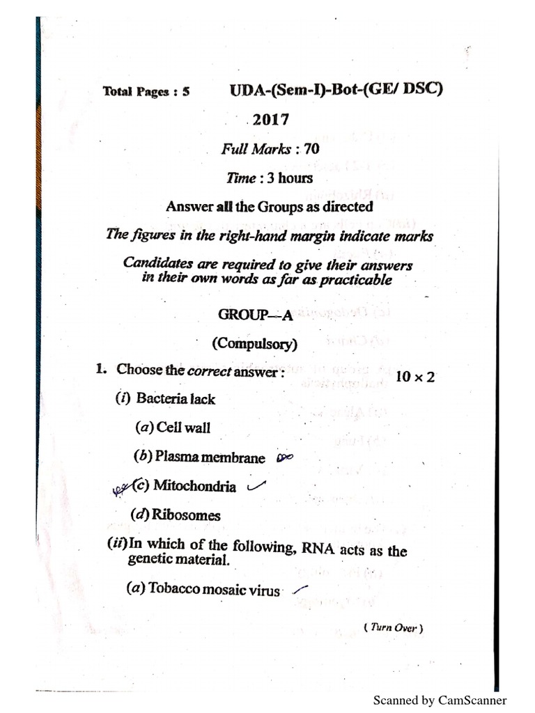 Kolhan University GE Botany Semester 1 Question Paper 2017 | PDF