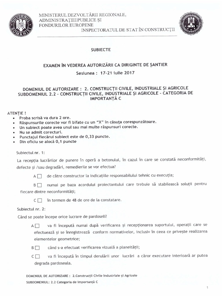 Model Intrebari Examen Diriginti Dom 2.2 | PDF