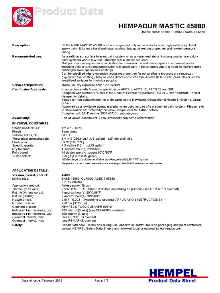 Hempadur Mastic 45880 Product Data Sheet | PDF | Paint | Abrasive