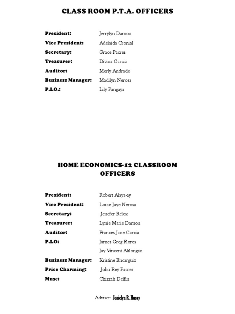 HE 12 Classroom Officers | PDF