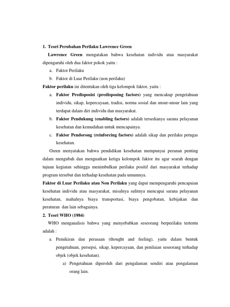 Teori Perubahan Perilaku Lawrence Green & WHO | PDF