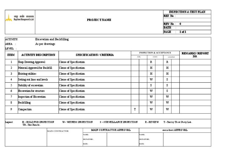ITP (Inspection Test Plan) For Excavation and Backfilling | PDF ...
