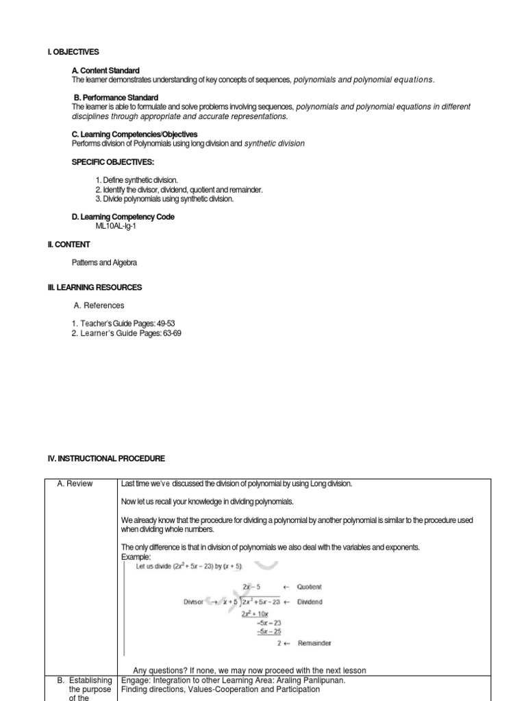 Lesson Plan Synthetic | PDF | Division (Mathematics) | Mathematical ...