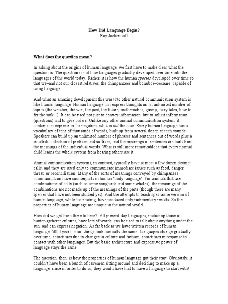 Jackendoff How Did Language Begin | PDF | Origin Of Language | Hominidae