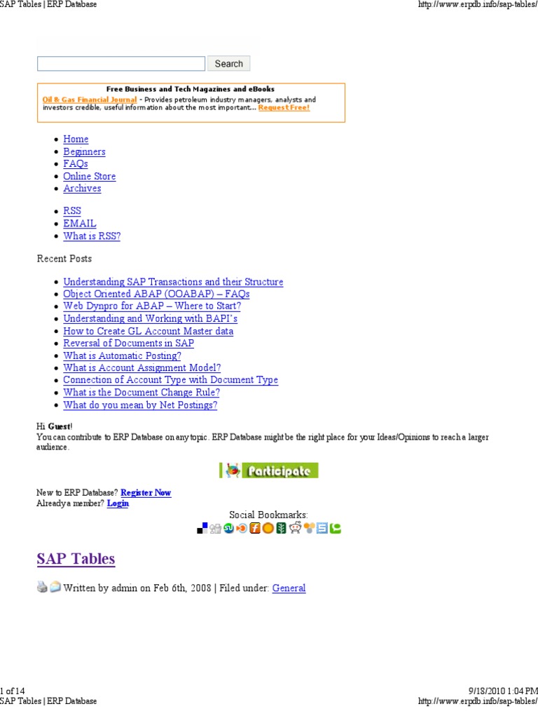 SAP Tables - ERP Database | PDF