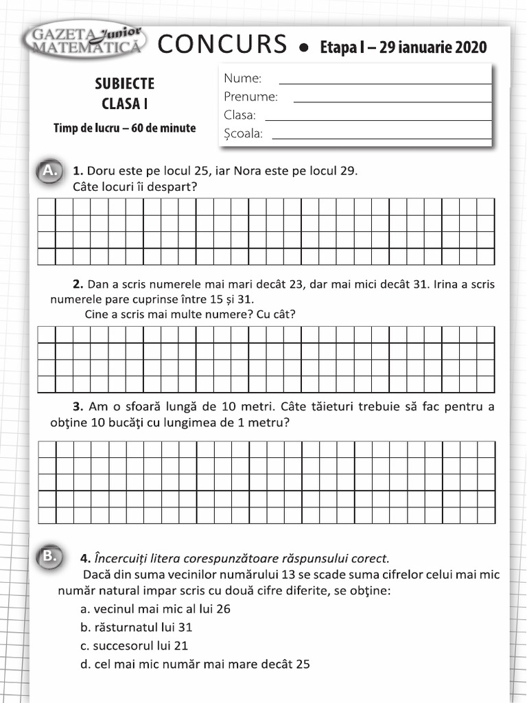 Subiecte Concurs Gazeta Matematica Ianuarie 2020 | PDF