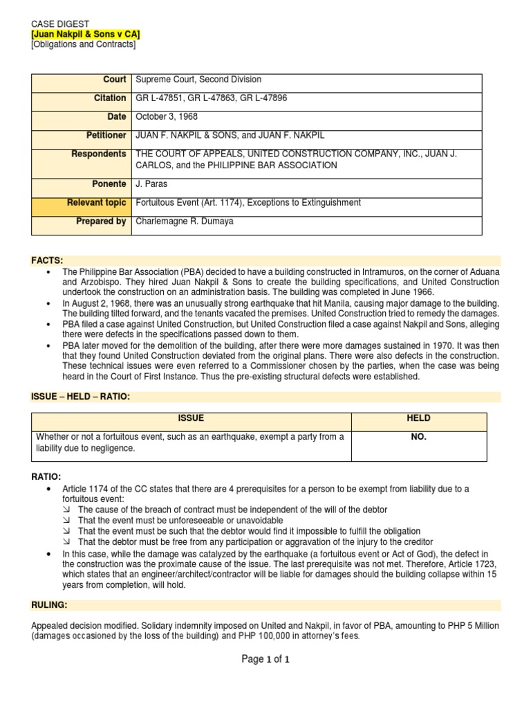 Fortuitous Event Liability Case Digest | PDF | Damages | Common Law
