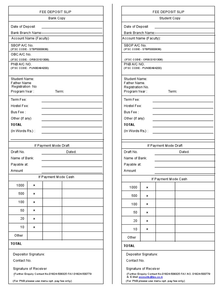 Fee Deposit Slip | PDF | Deposit Account | Fee